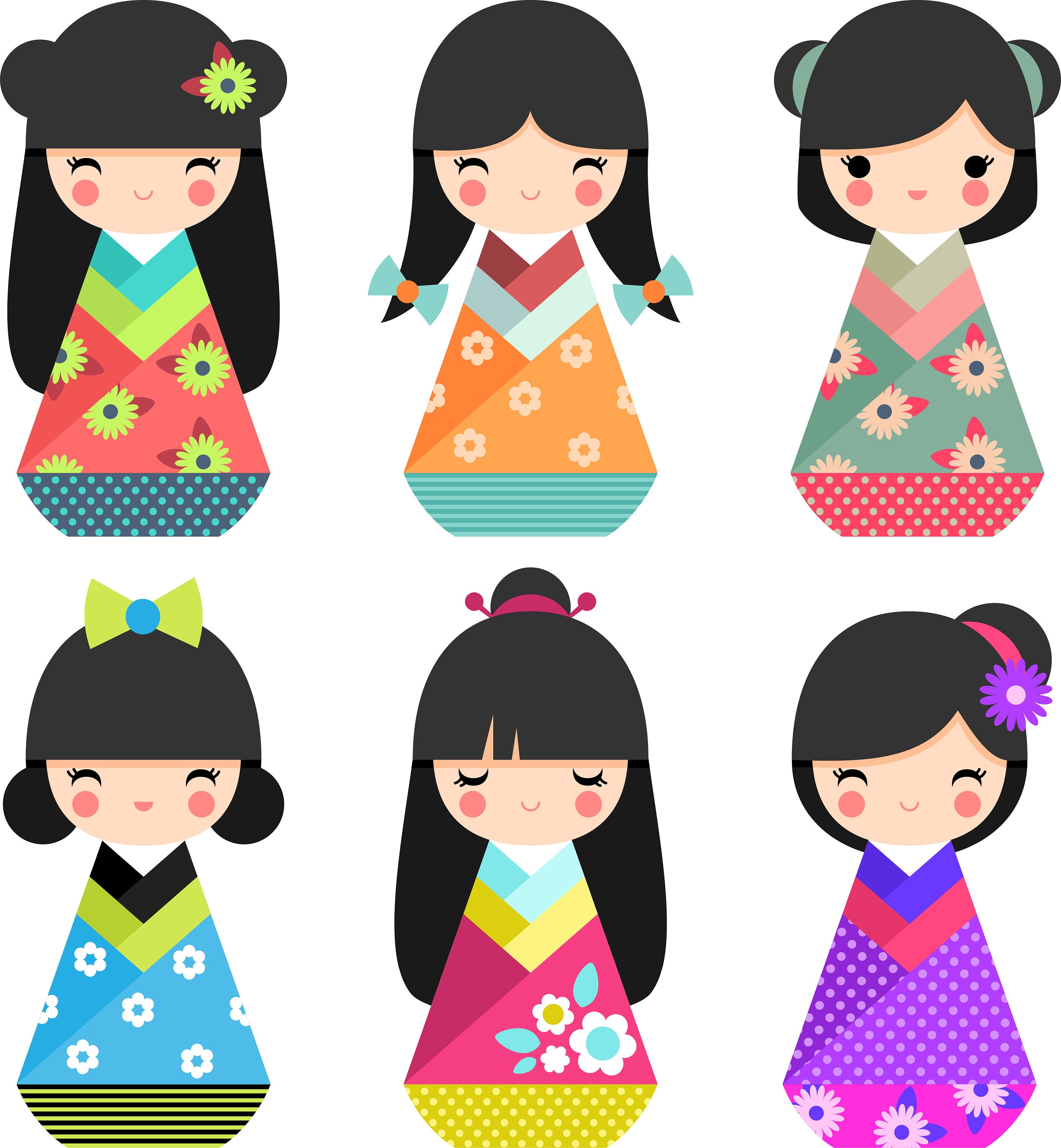 18kokeshi Dolls Clipart: Japanese Girl Graphics (digital Download) - Etsy