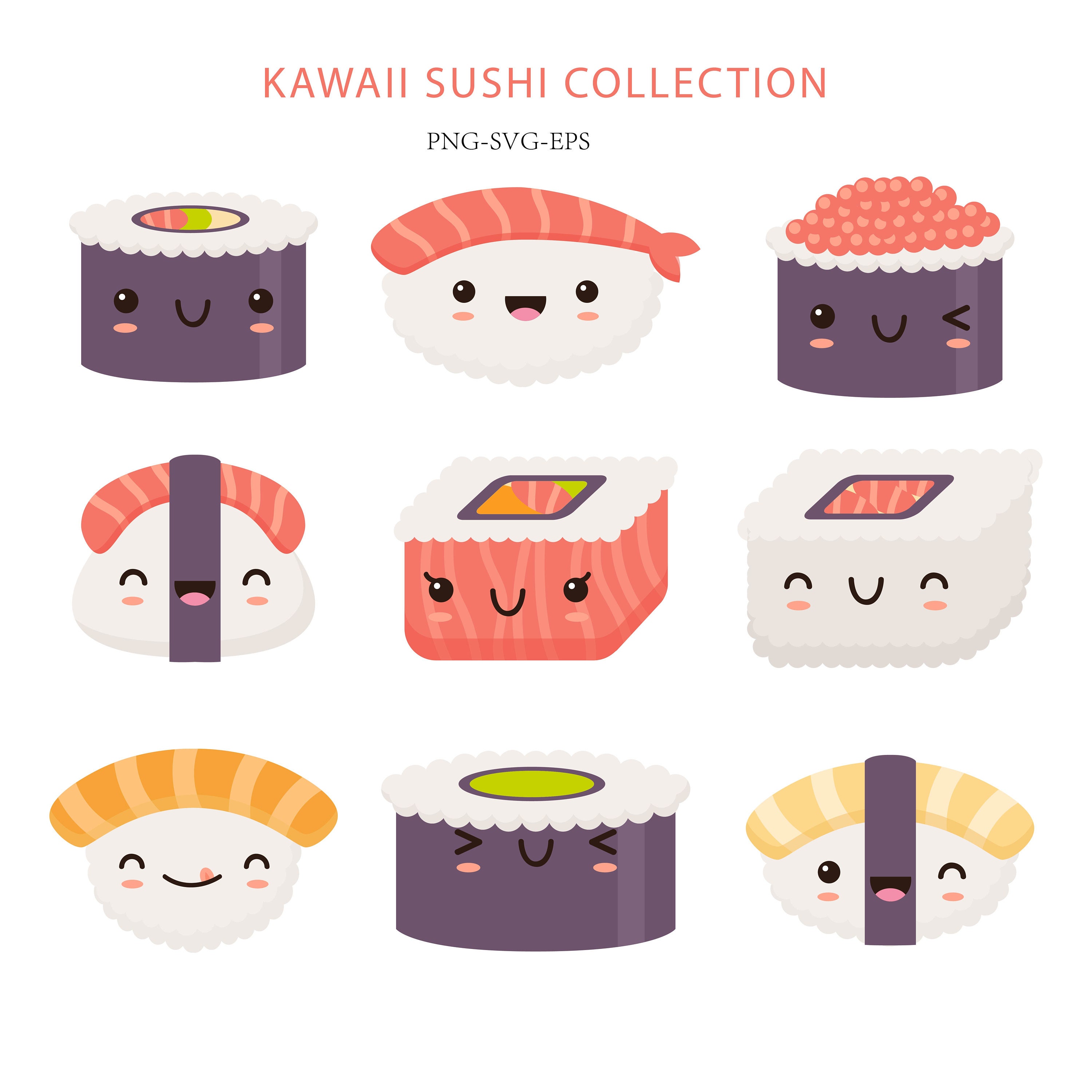 35sushi Clipart-cute Sushi Svg ,cute Food Charactor Bundle - Etsy