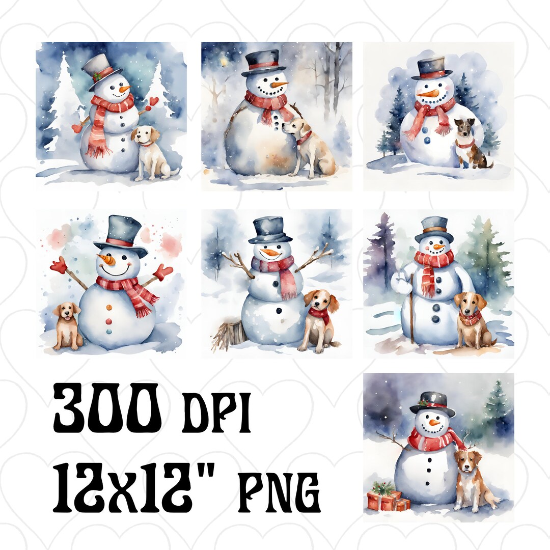 Snowman and Dog Clipart Bundle, Christmas Clipart PNG 6 Large 12x12 Set ...