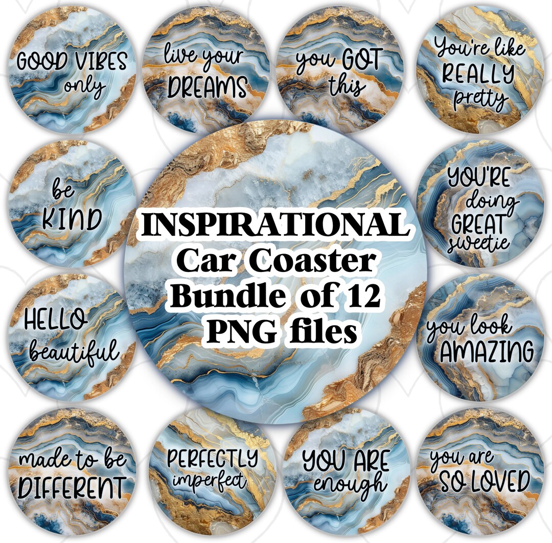 Inspirational Car Coaster PNG Bundle, Agate Gold Blue 12 Round Coasters ...
