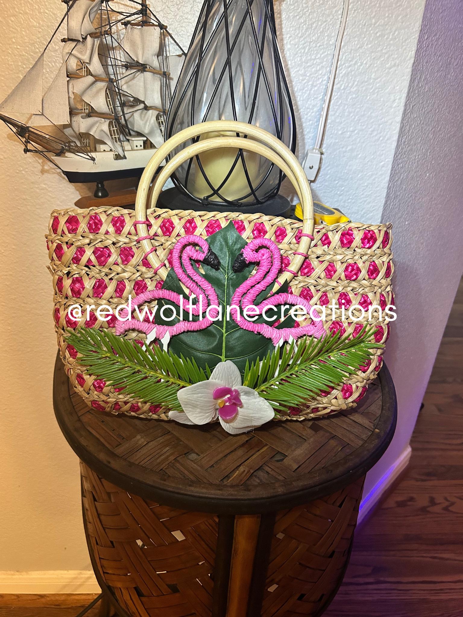Tropical Tiki Purse With Flamingos & Orchid | Handmade Straw Bag ...