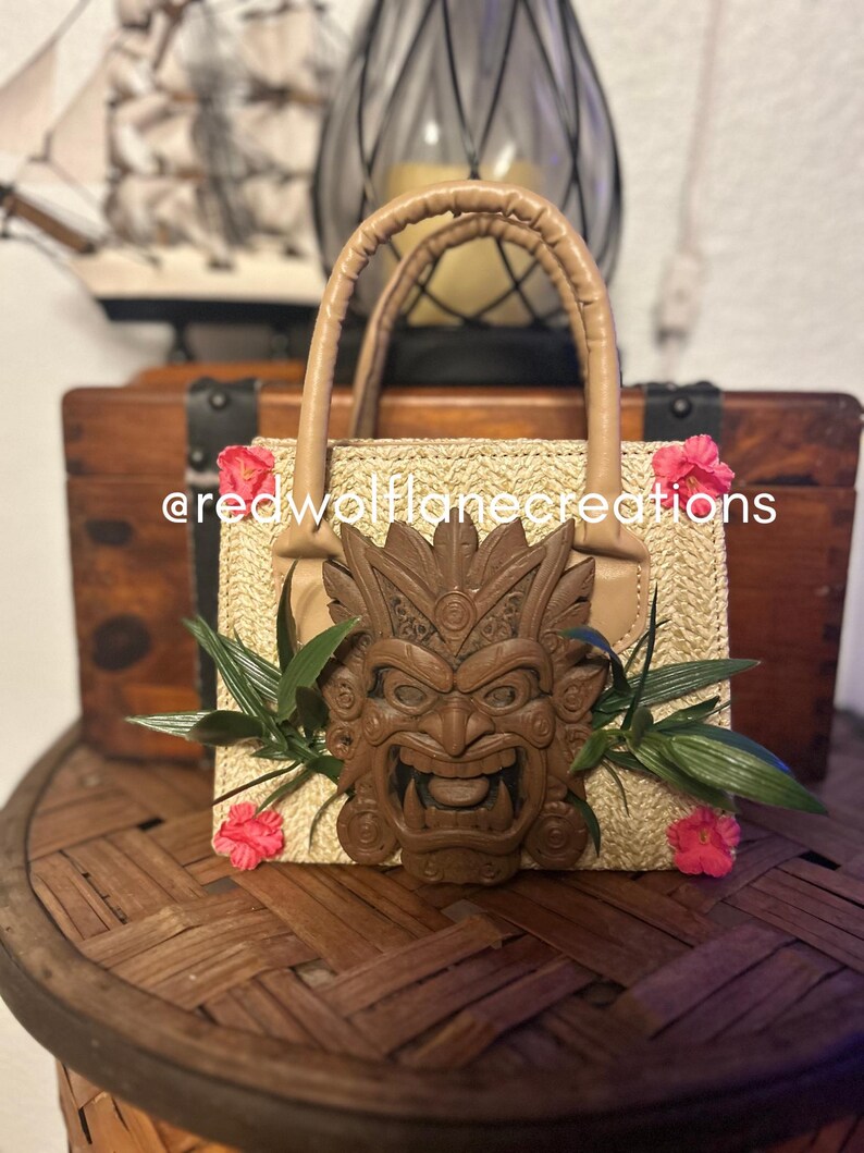 Tiki Mask Purse | Tribal Tiki Straw Bag | Tropical Island Luau Handbag ...