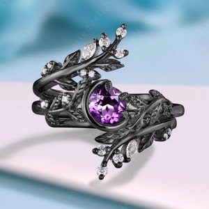 Gothic Round Shape Amethyst Black Floral Engagement Ring Set Black Gold ...