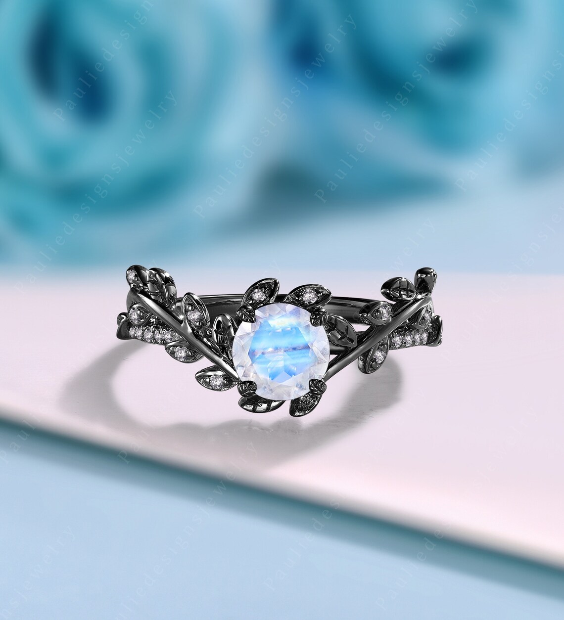 Gothic Moonstone Leaf Engagement Ring 14k Black Gold Moissanite Wedding ...
