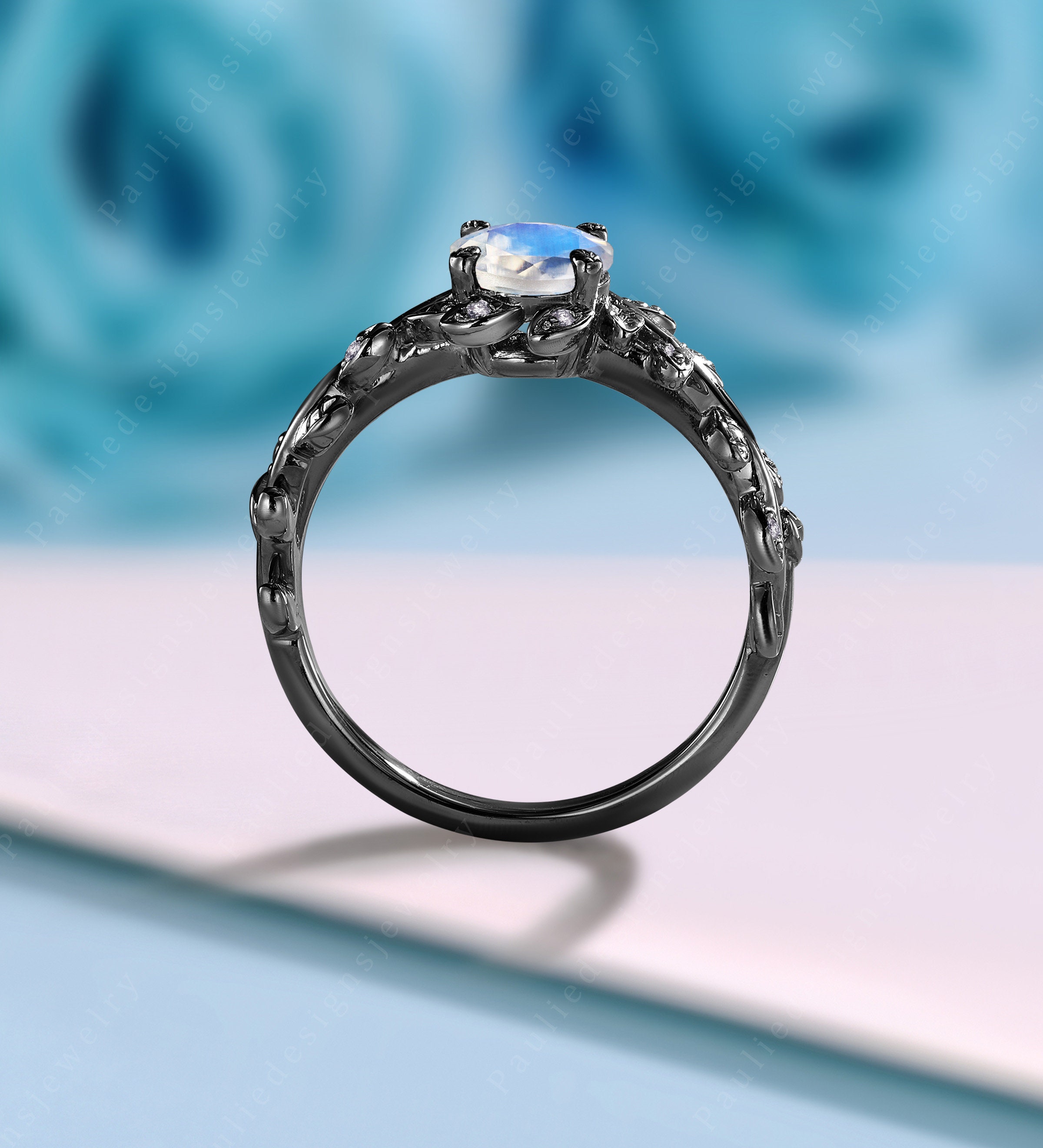 Gothic Moonstone Leaf Engagement Ring 14k Black Gold Moissanite Wedding ...