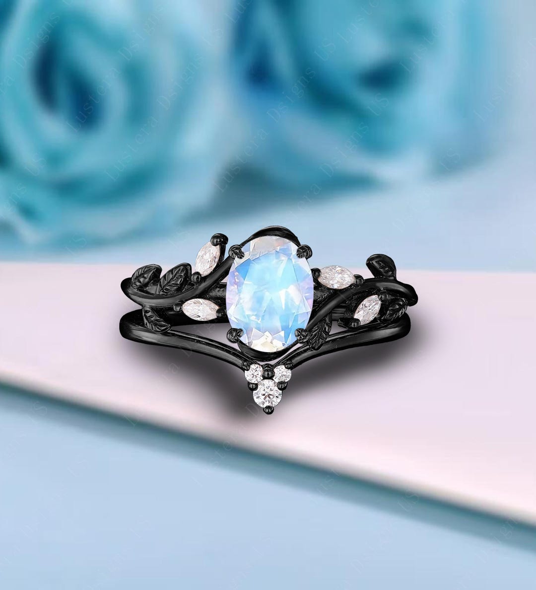 Gothic Leaf Oval Cut Moonstone Ring Set Black Gold Promise Bridal Ring ...