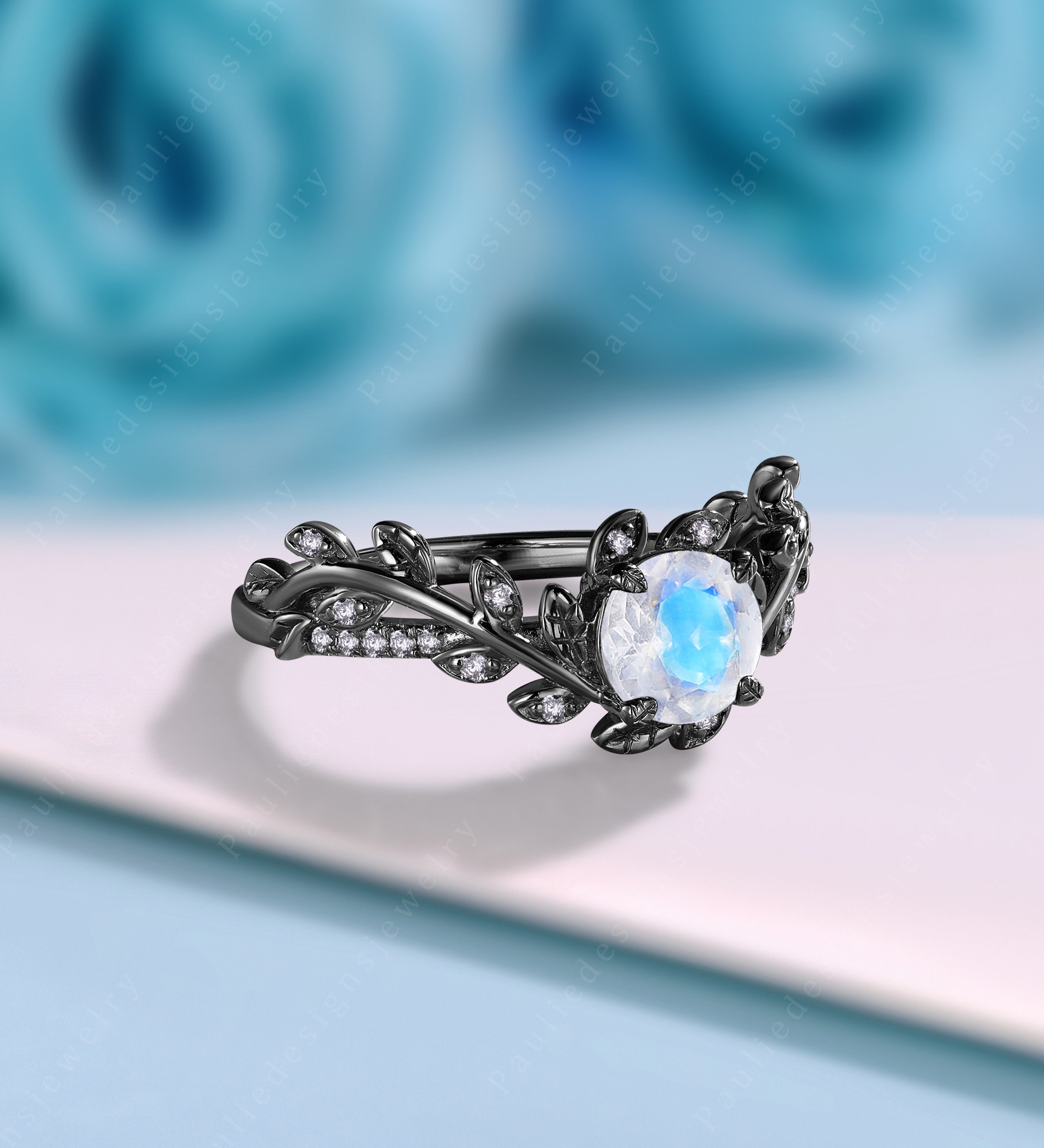 Gothic Moonstone Leaf Engagement Ring 14k Black Gold Moissanite Wedding ...