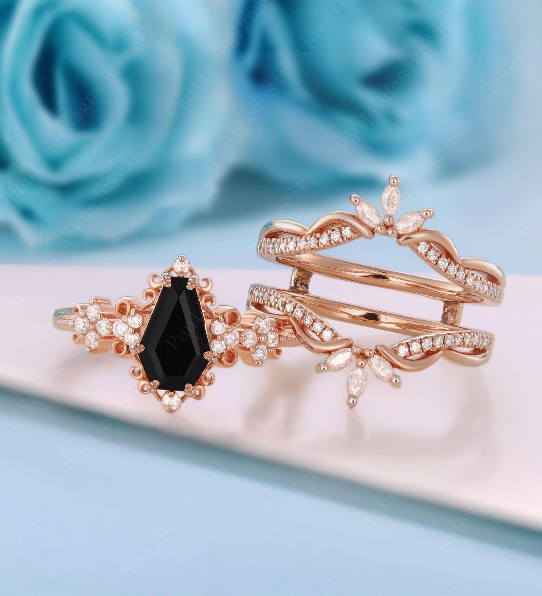 Art Deco Coffin Black Onyx Engagement Ring Set Rose Gold Moissanite ...