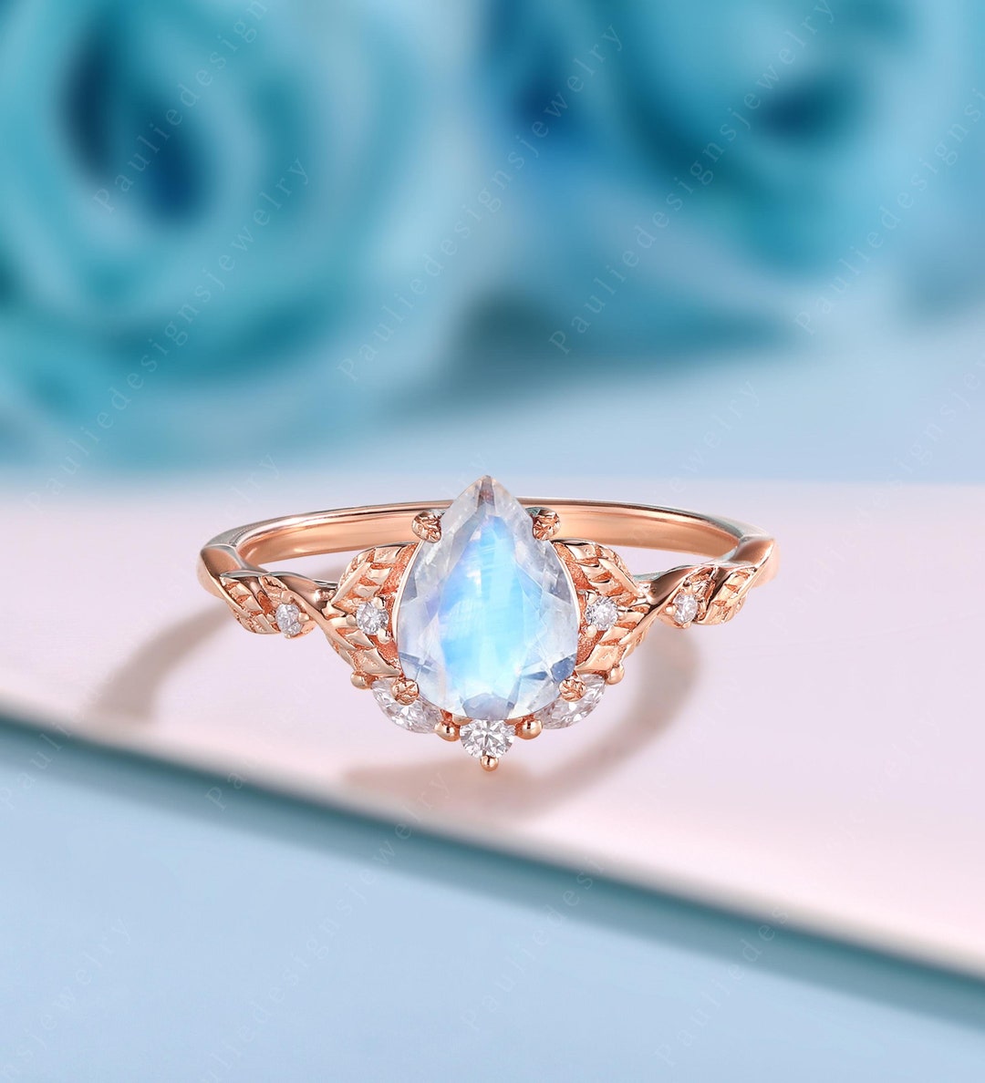 Vintage Pear Moonstone Engagement Ring Rose Gold Twig Leaf Branch ...