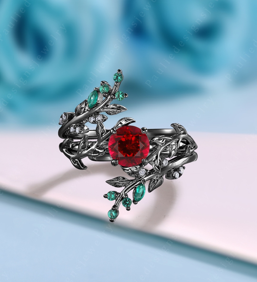 Vintage Gothic Ruby Engagement Ring Set, Nature Inspired Leaf Emerald ...