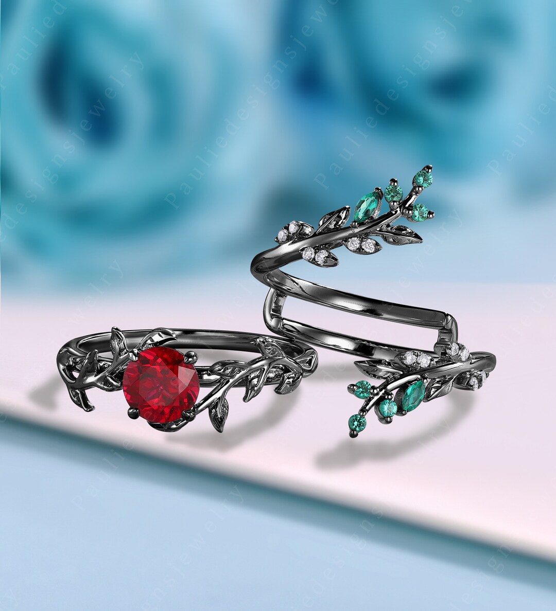 Vintage Gothic Ruby Engagement Ring Set Nature Inspired Leaf Emerald ...