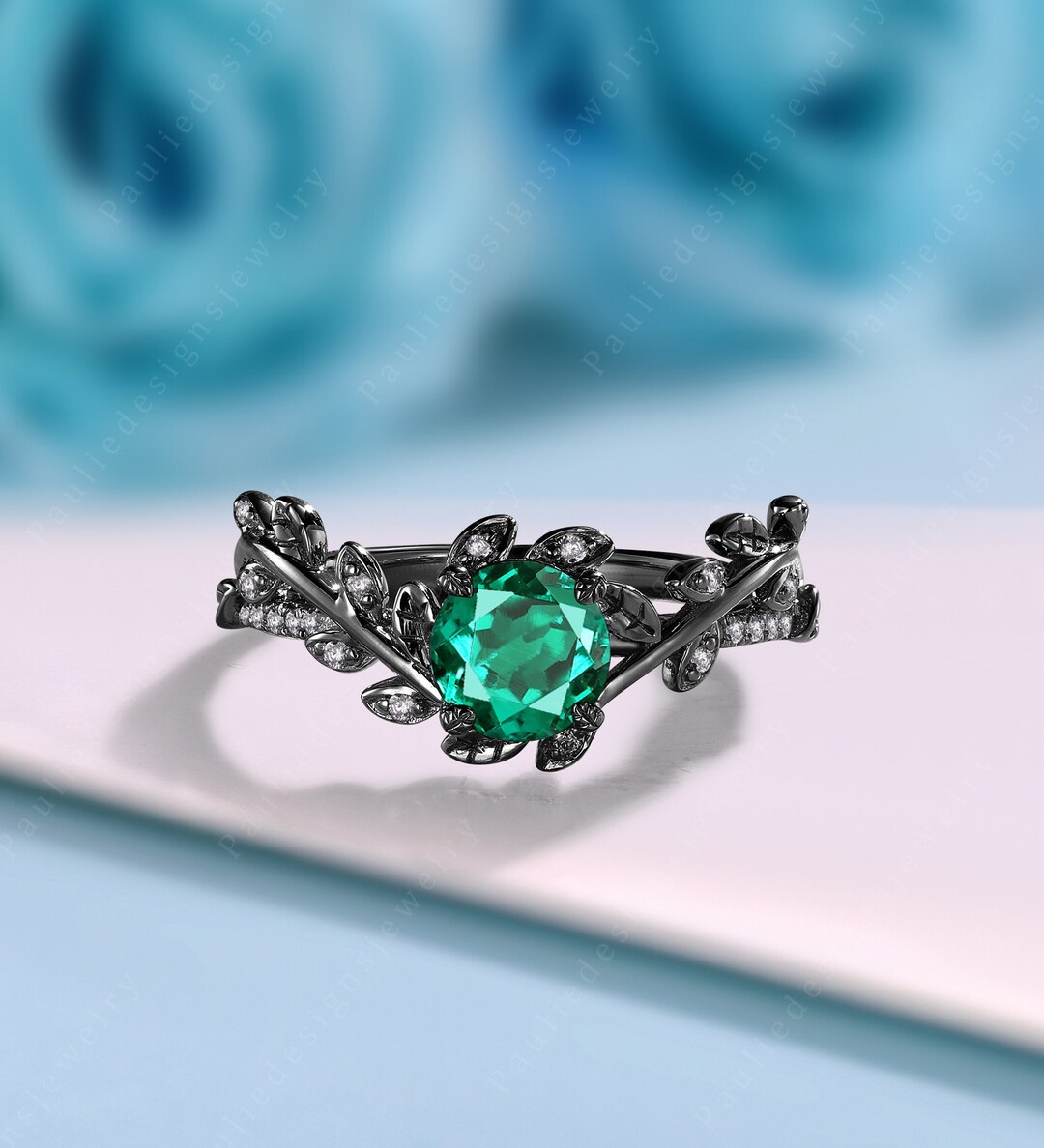 Antique Round Emerald Engagement Ring, Black Gold Twist Prong Set Twig ...