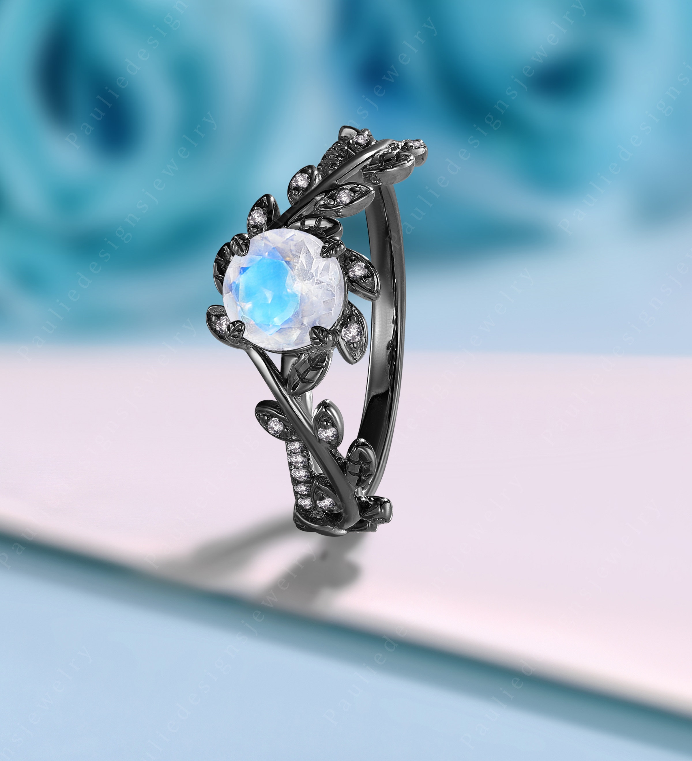 Gothic Moonstone Leaf Engagement Ring 14k Black Gold Moissanite Wedding ...