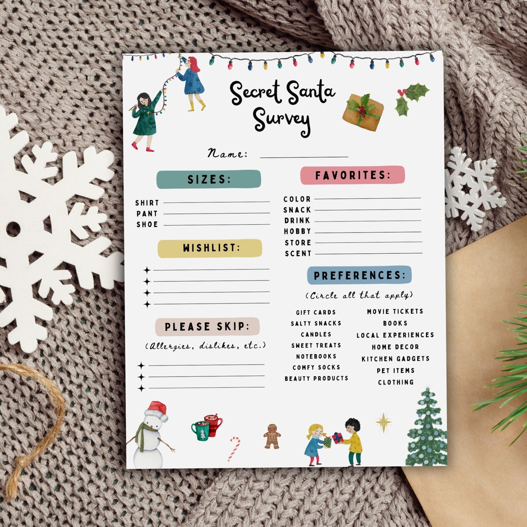 Secret Santa Questionnaire | Christmas Gift Exchange List (digital ...