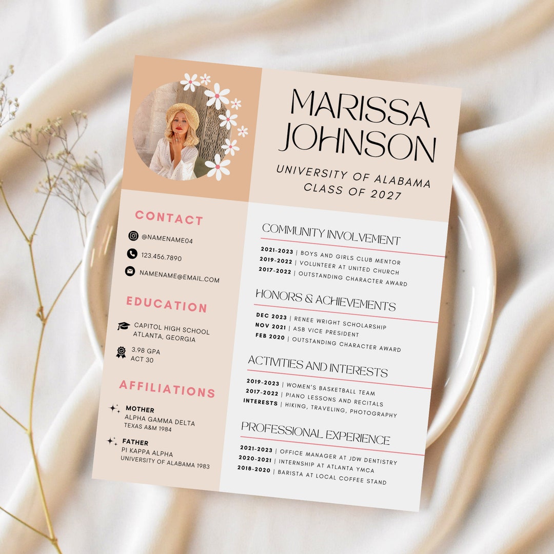 Sorority Resume Template | Cute Resume | Recruitment Resume With Photo ...