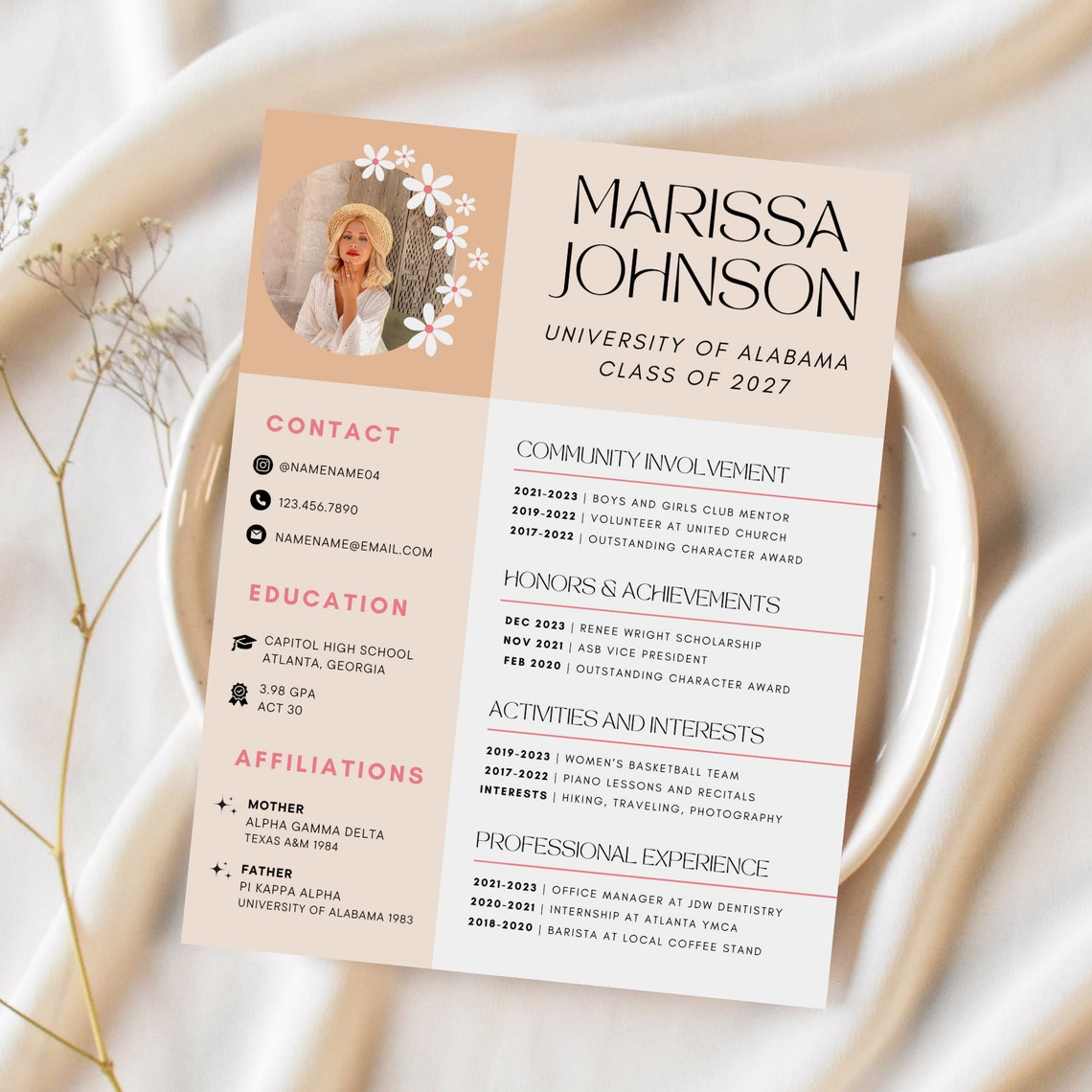 Sorority Resume Template | Cute Resume | Recruitment Resume With Photo ...