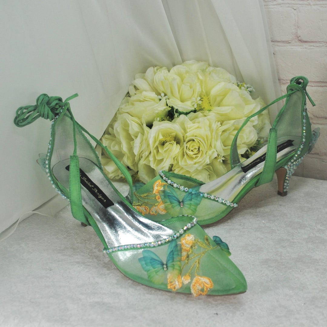 Sage Green Wedding Sandals: Handmade Lace Embroidered Butterfly Bridal ...