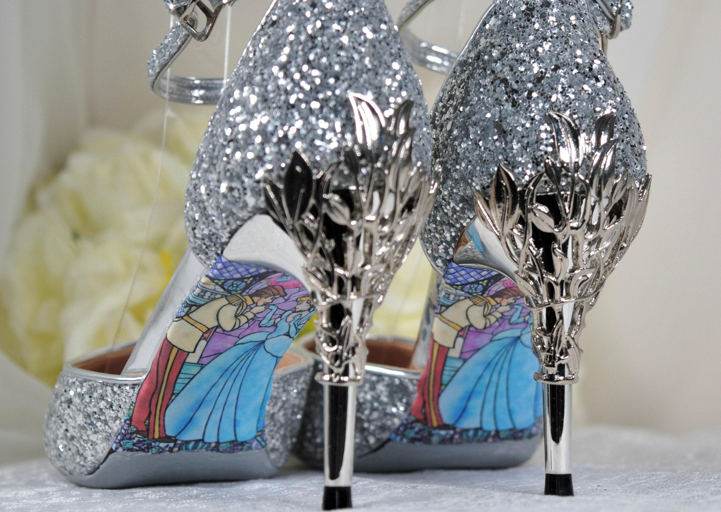 Silver Glitter Wedding Shoes: Cinderella Heels With Filigree Vine, UK4 ...