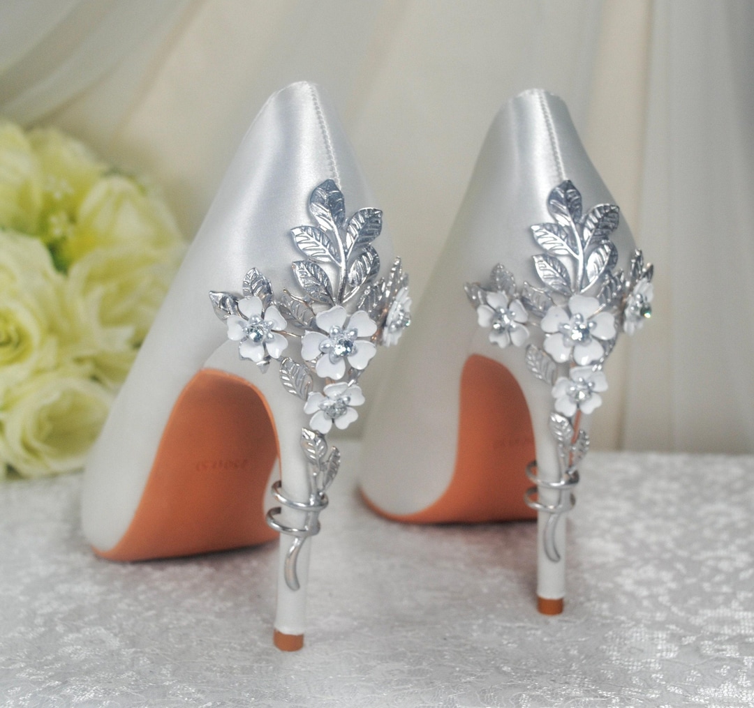 Ivory White Wedding Shoes, Bridal Shoes With Cherry Blossom, Pointed ...