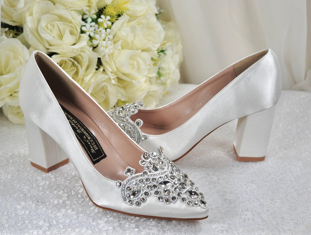 Beautiful White Bridal Shoes, Block Heel Wedding Shoes, Diamanté Block ...