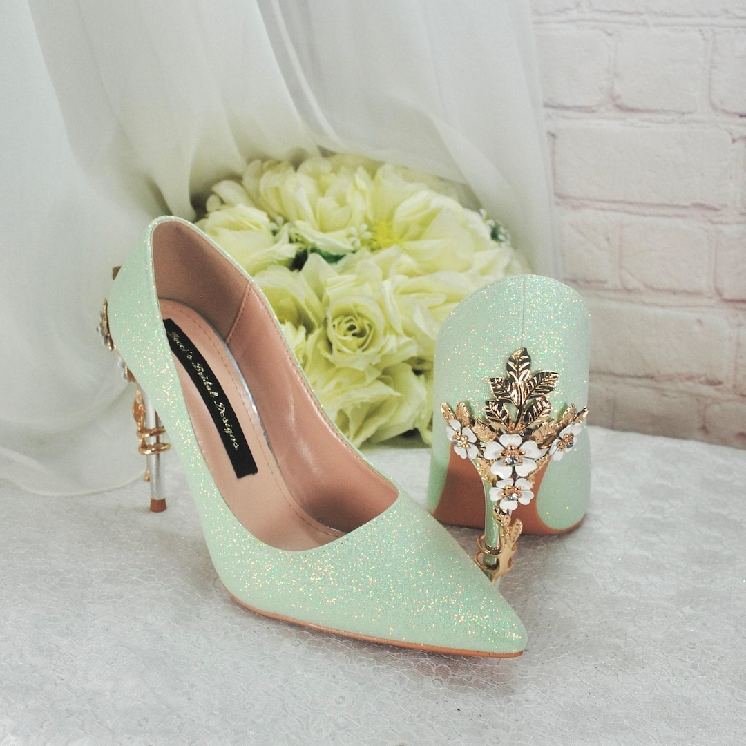 Sage Light Green Shimmer Heels, Flower Heel Shoes, Cherry Blossom ...