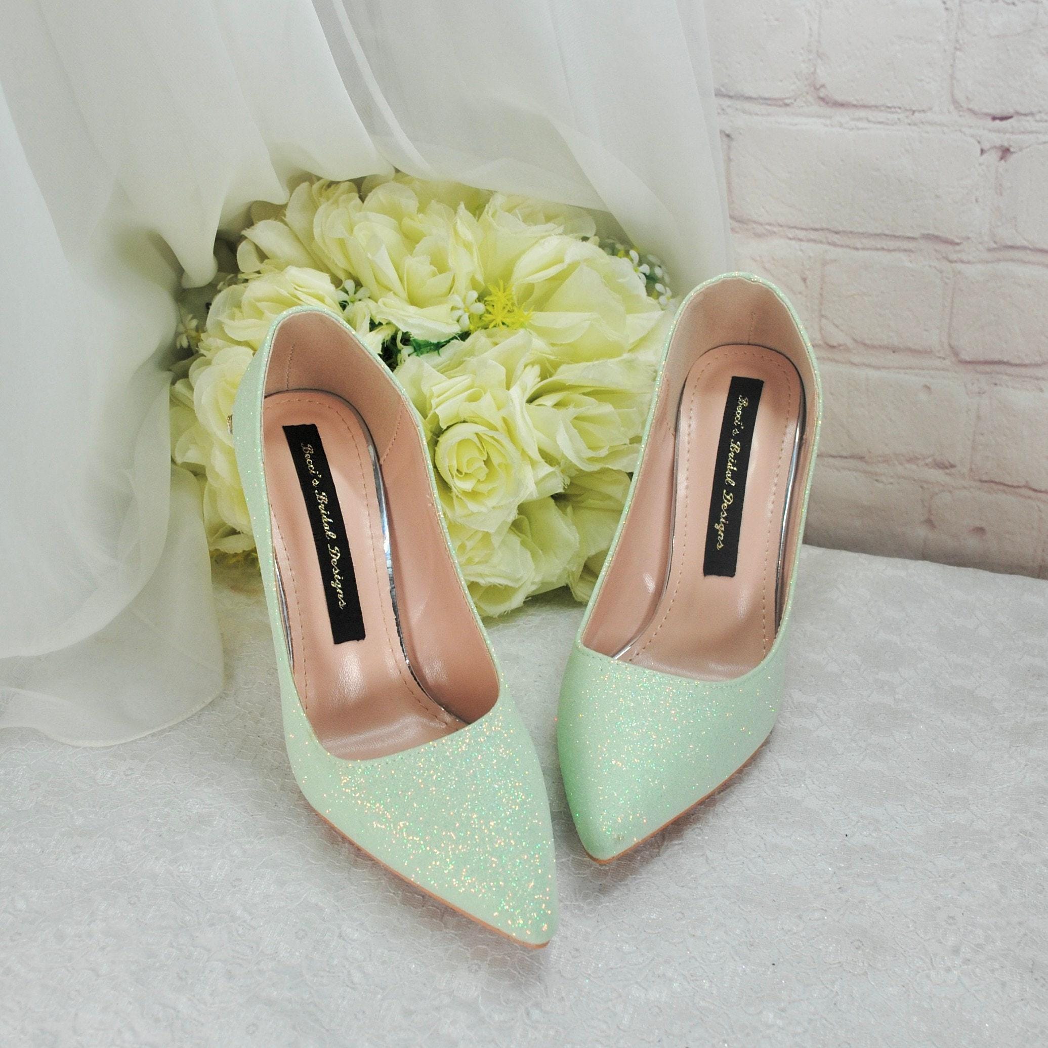 Sage Light Green Shimmer Heels, Flower Heel Shoes, Cherry Blossom ...