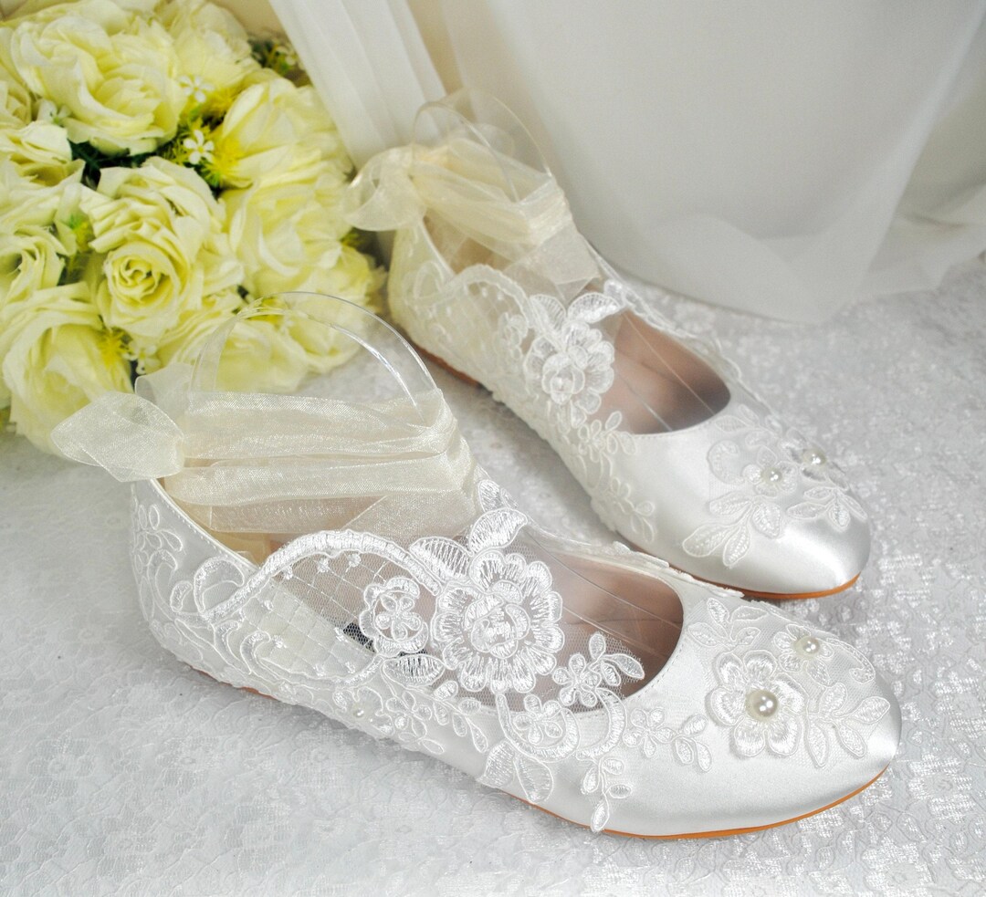 Lace Bridal Shoes, Ivory Wedding Flats With Ankle Tie and Strap, Shoes ...