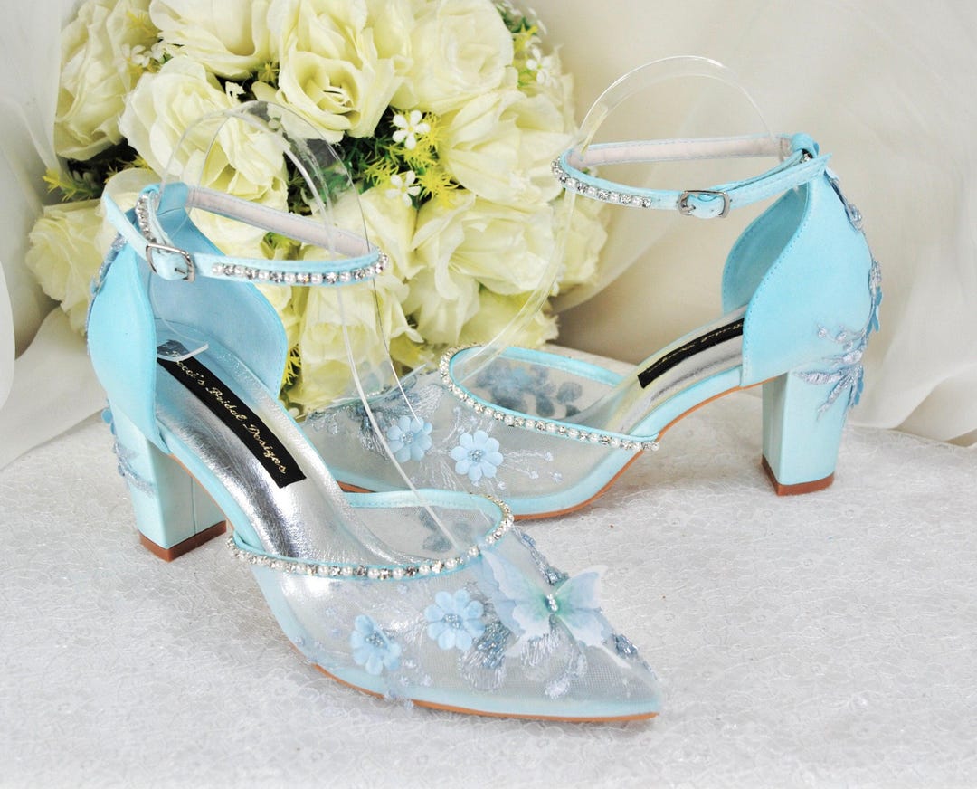 Blue Suede Bridal Sandals With Floral Embroidery, Wedding Shoes With ...