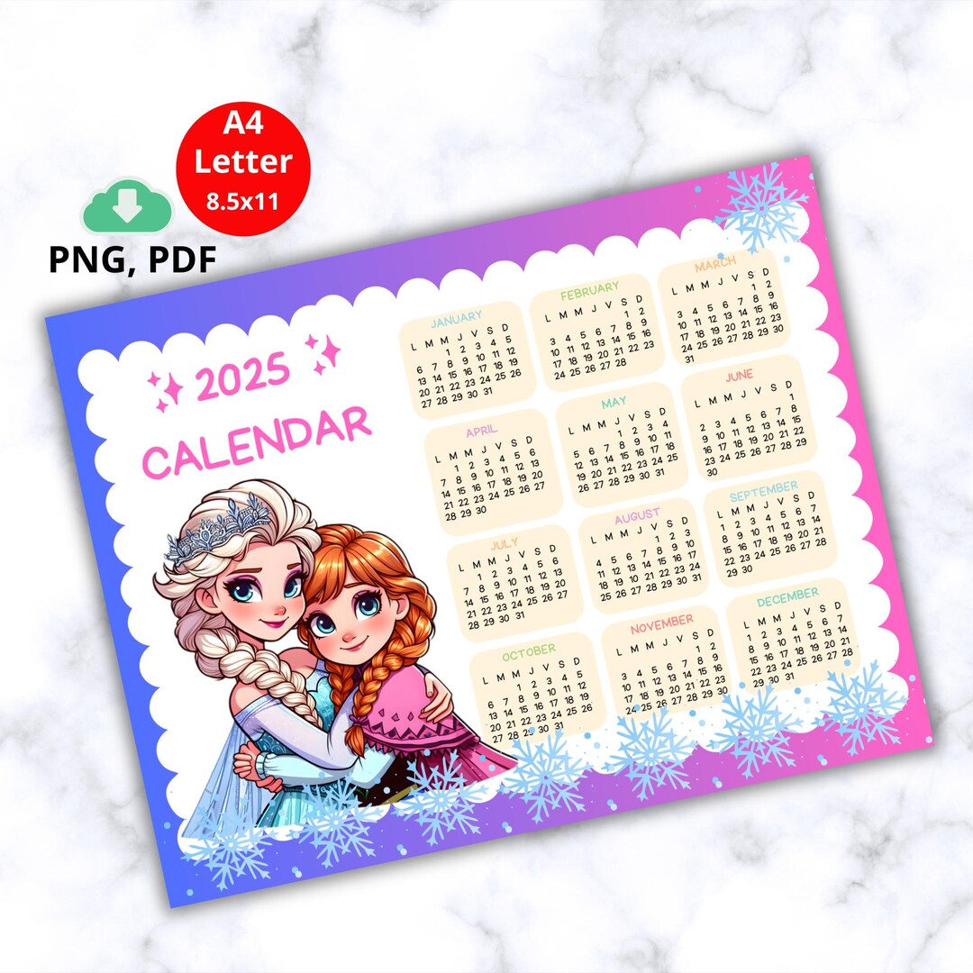 Custom 2025 Elsa and Ana Theme Digital Calendar in English. Digital ...