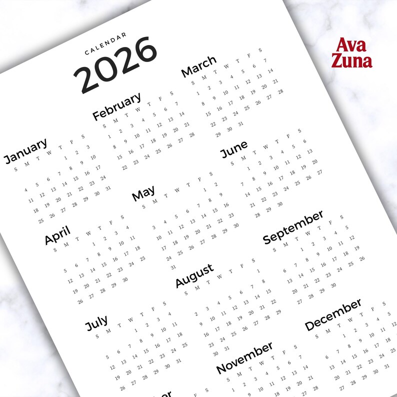 Basic 2026 Calendar in Spanish and English. Instant Digital Download ...