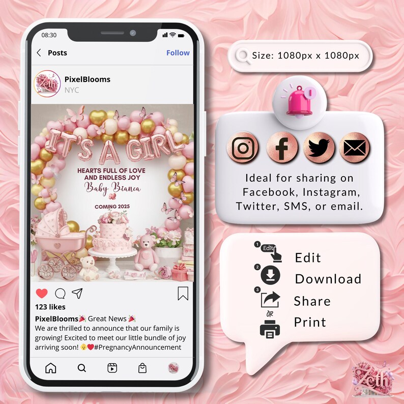 3D Pink It's a Girl Pregnancy Announcement Digital Baby Announcement ...