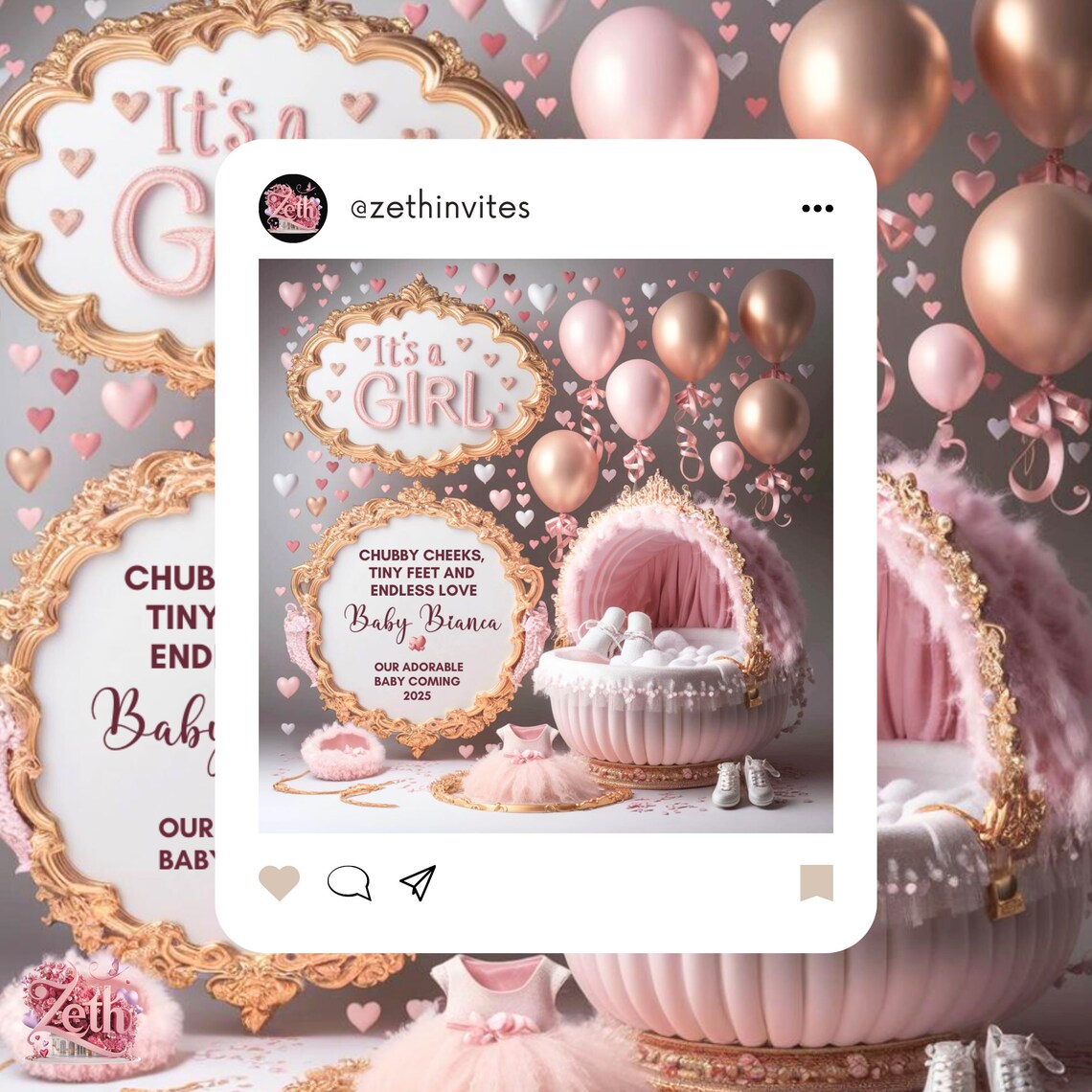 3D Pink It's a Girl Pregnancy Announcement | Digital Baby Announcement ...