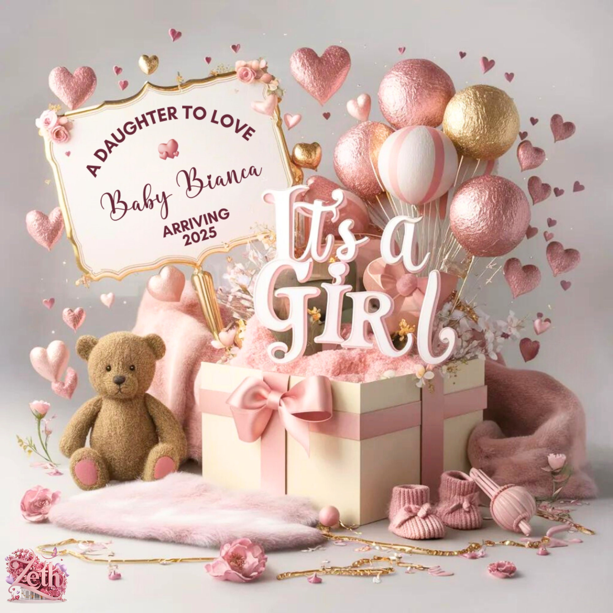 3D Pink It's a Girl Pregnancy Announcement | Digital Baby Announcement ...