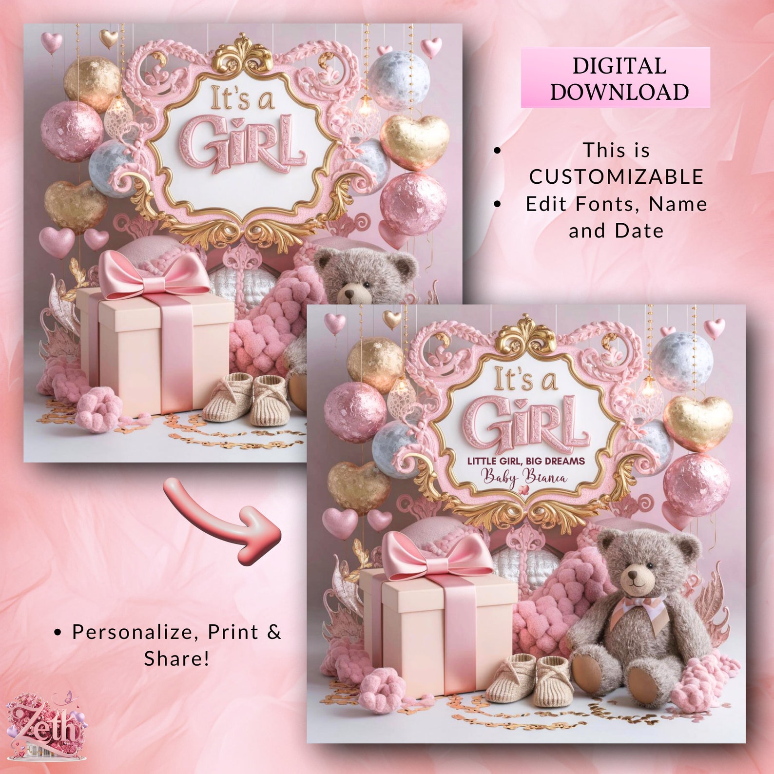 3D Pink It's a Girl Pregnancy Announcement | Digital Baby Announcement ...