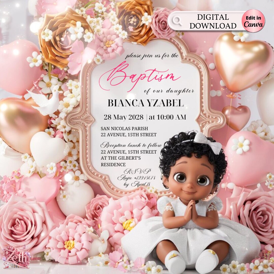 3D Girl Evite Baptism, Girl Invitation, Pink Floral Baptism Invitation ...