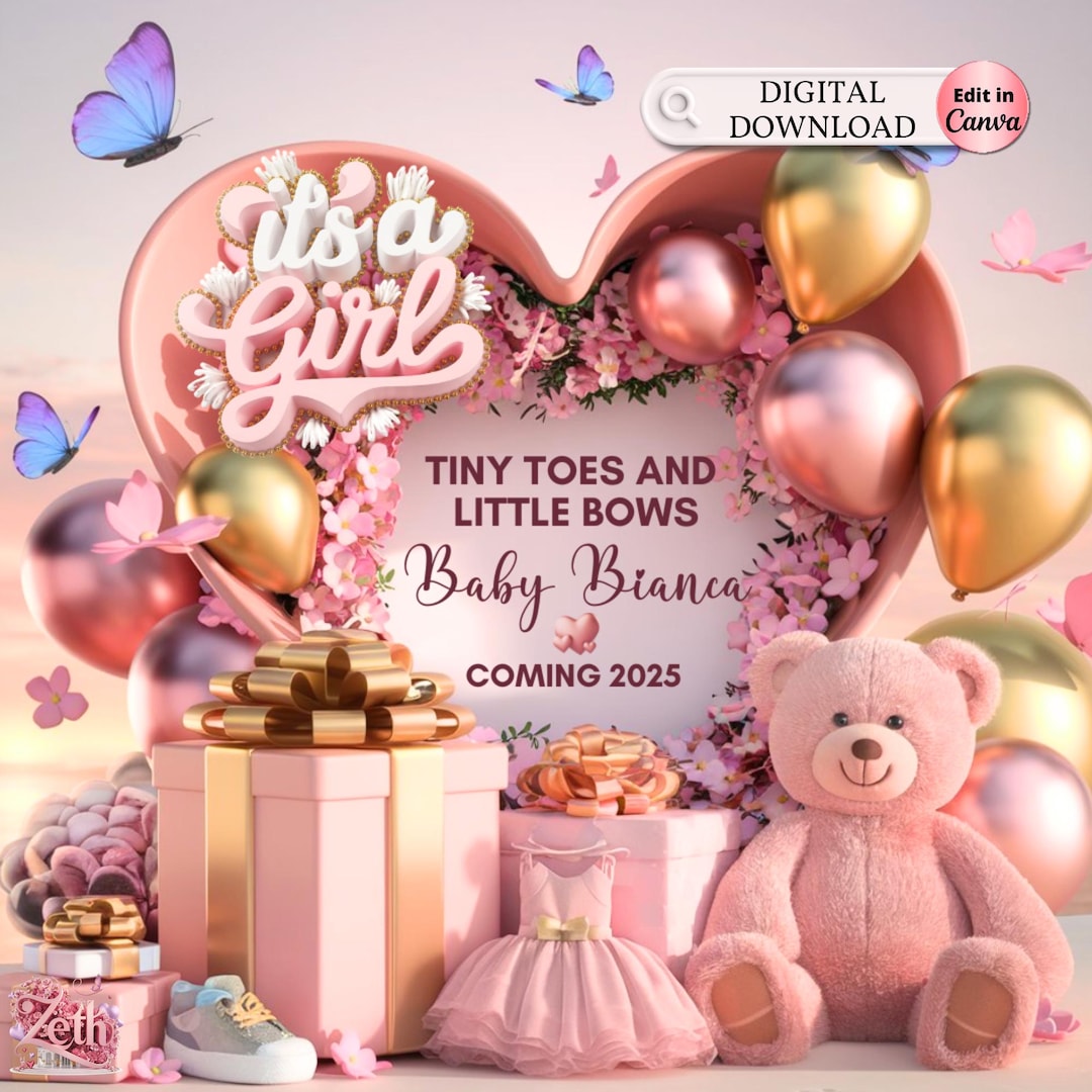 3D Pink It's a Girl Pregnancy Announcement | Digital Baby Announcement ...