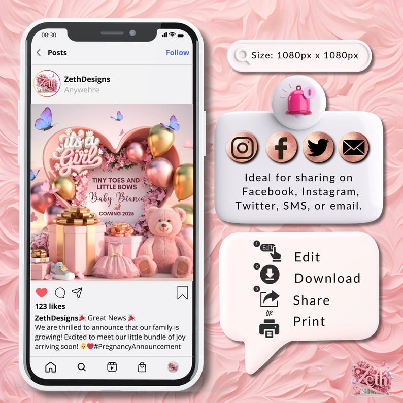 3D Pink It's a Girl Pregnancy Announcement | Digital Baby Announcement ...