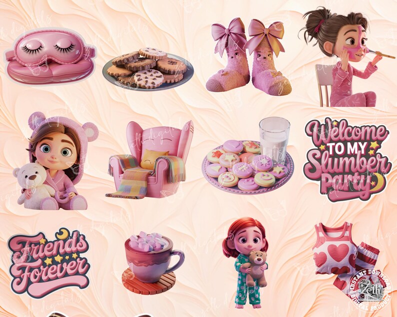 Pink Slumber Party Clipart, Pink Pajama Clipart, Children Party Clipart ...