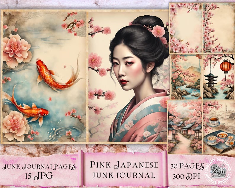 Japanese Pink Junk Journal Digital Kit Printable, Japan Junk Journal ...