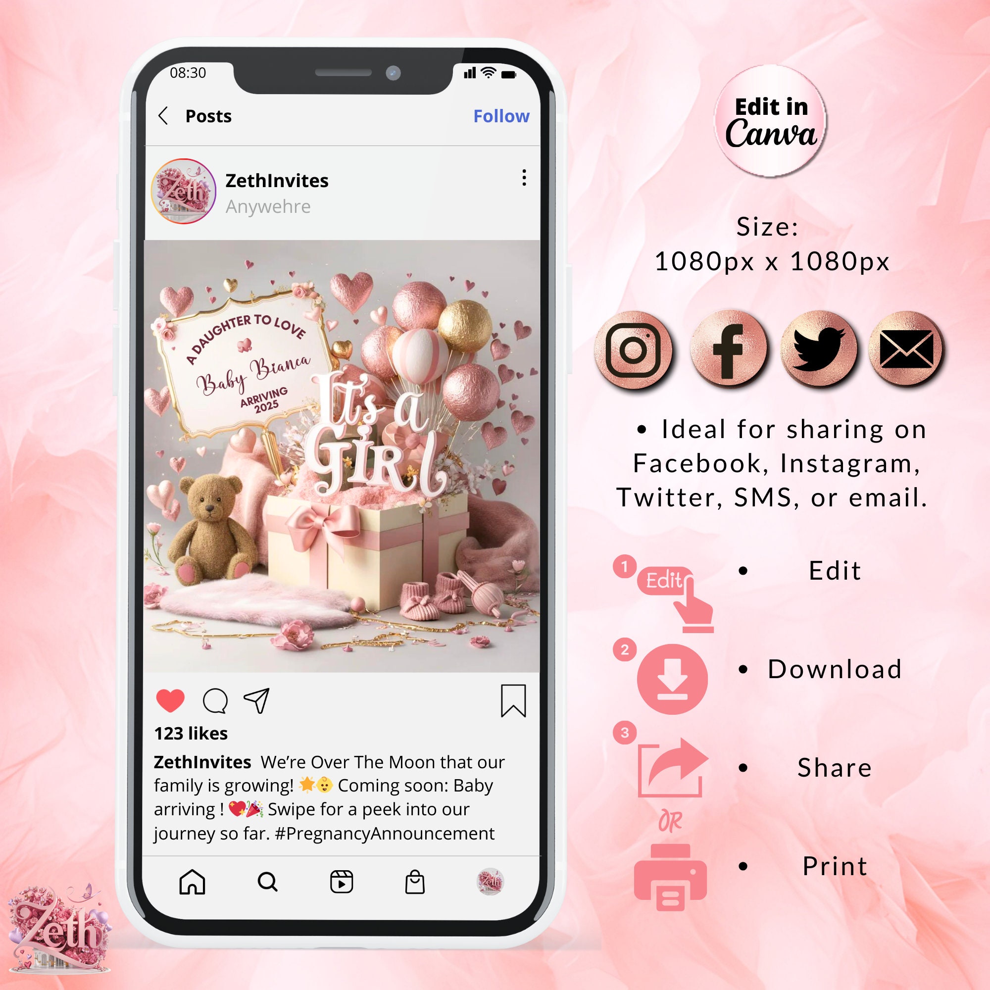 3D Pink It's a Girl Pregnancy Announcement | Digital Baby Announcement ...