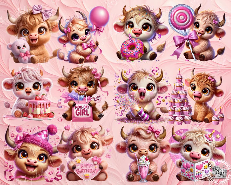 Whimsical Birthday Clipart, Pink Cow PNG, Cute Party Sublimation, Farm ...