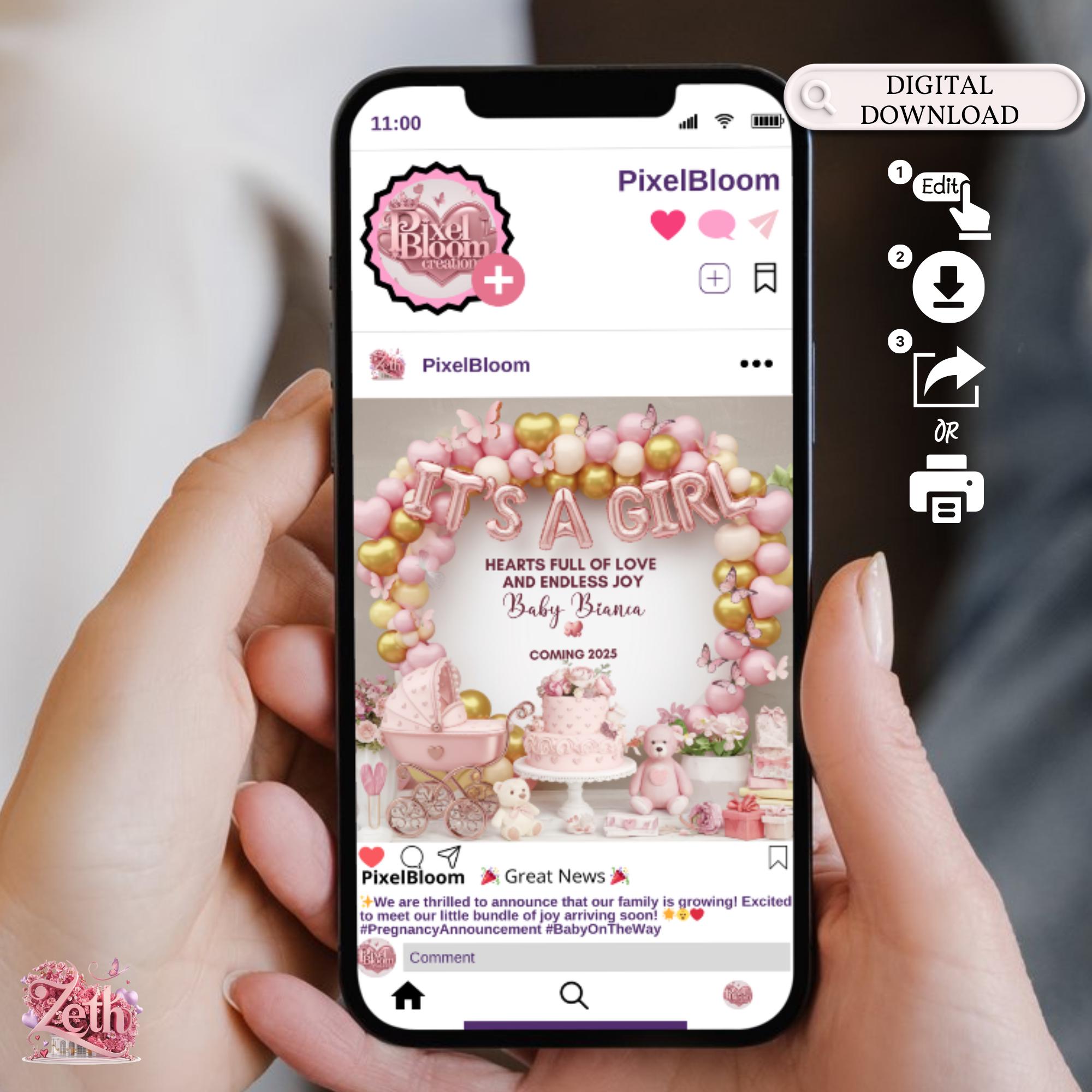 3D Pink It's a Girl Pregnancy Announcement Digital Baby Announcement ...