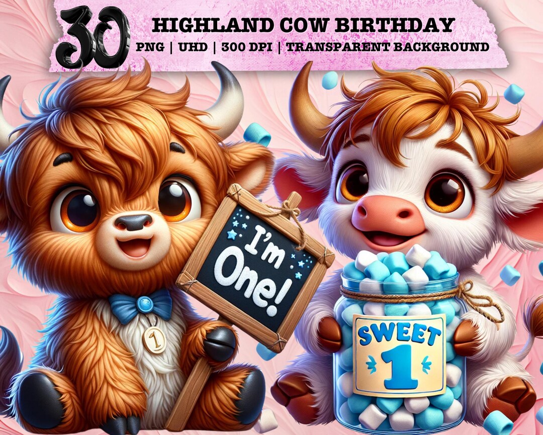 Whimsical Cow Birthday PNG, Cute Highland Clipart, Farm Animal Art ...