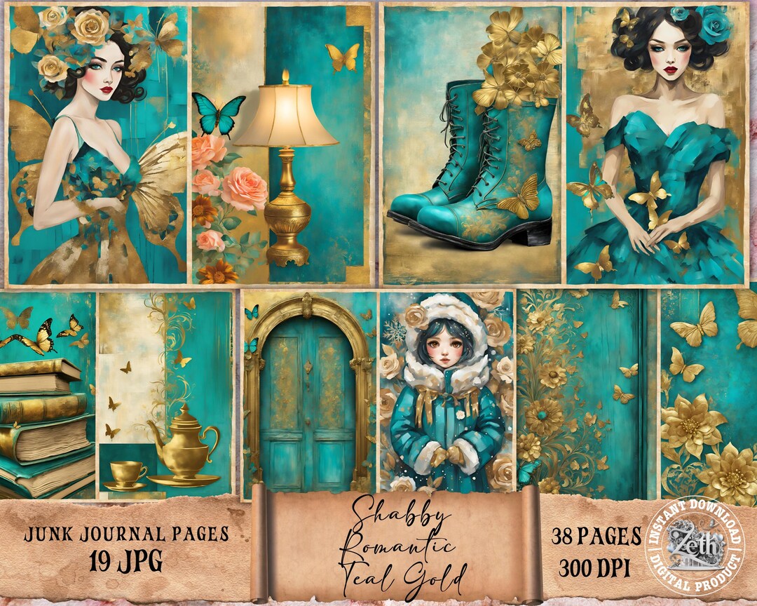 Teal Shabby Chic Junk Journal Kit, Vintage Junk Journal Paper, Teal ...