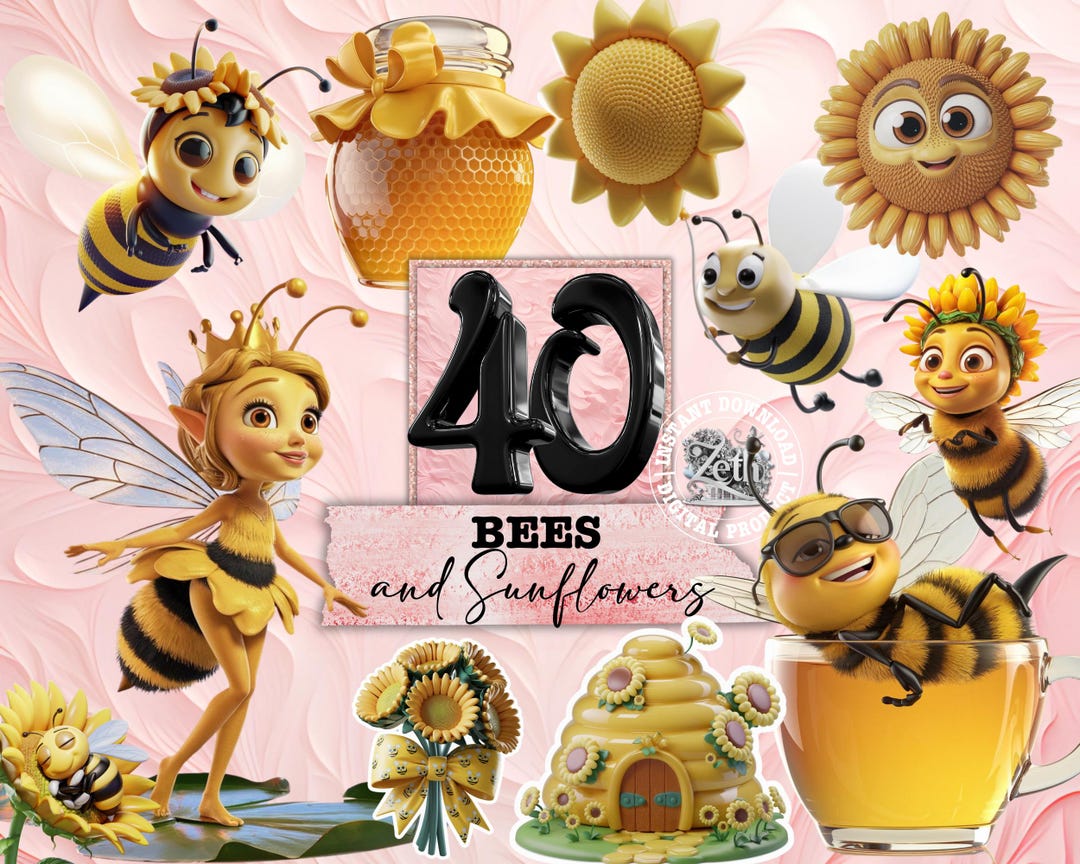 Cute Bee Clipart, Sunflower Clipart, Honeybee Clipart, Flower and Bees ...