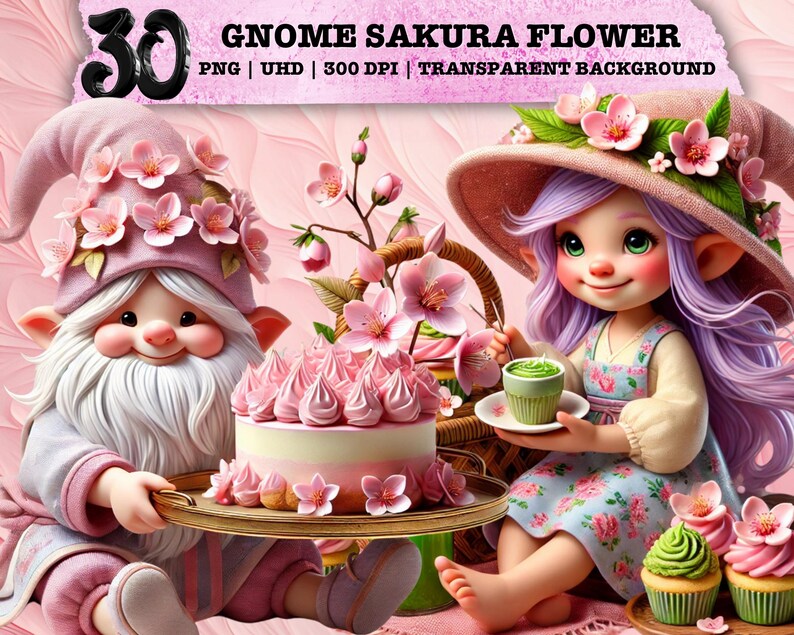 Whimsical Sakura Clipart, Cute Gnome PNG, Floral Cottage Art, Pastel Sublimation, Kawaii Spring ...