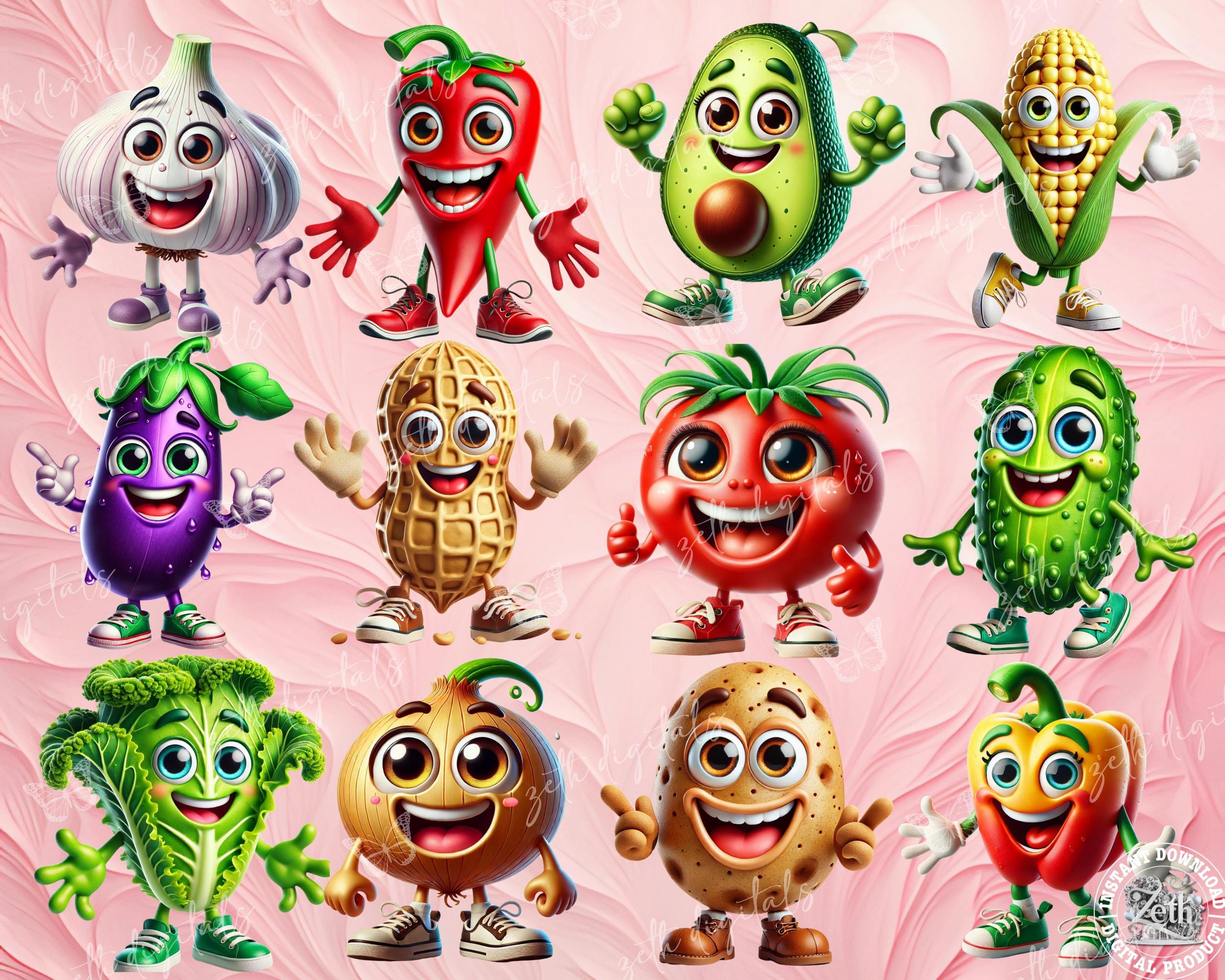 Whimsical Veggie Character Clipart, Cute Vegetable PNG, Kids Food Art ...
