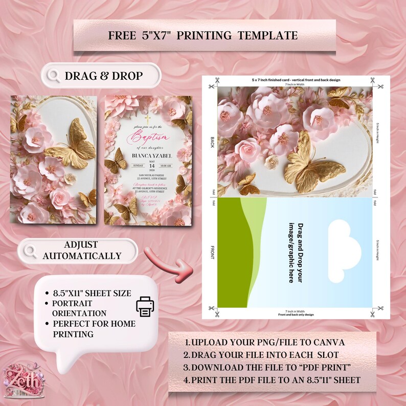 Pink Flower Baptism, Girls Baptism Invitation Template, Printable ...