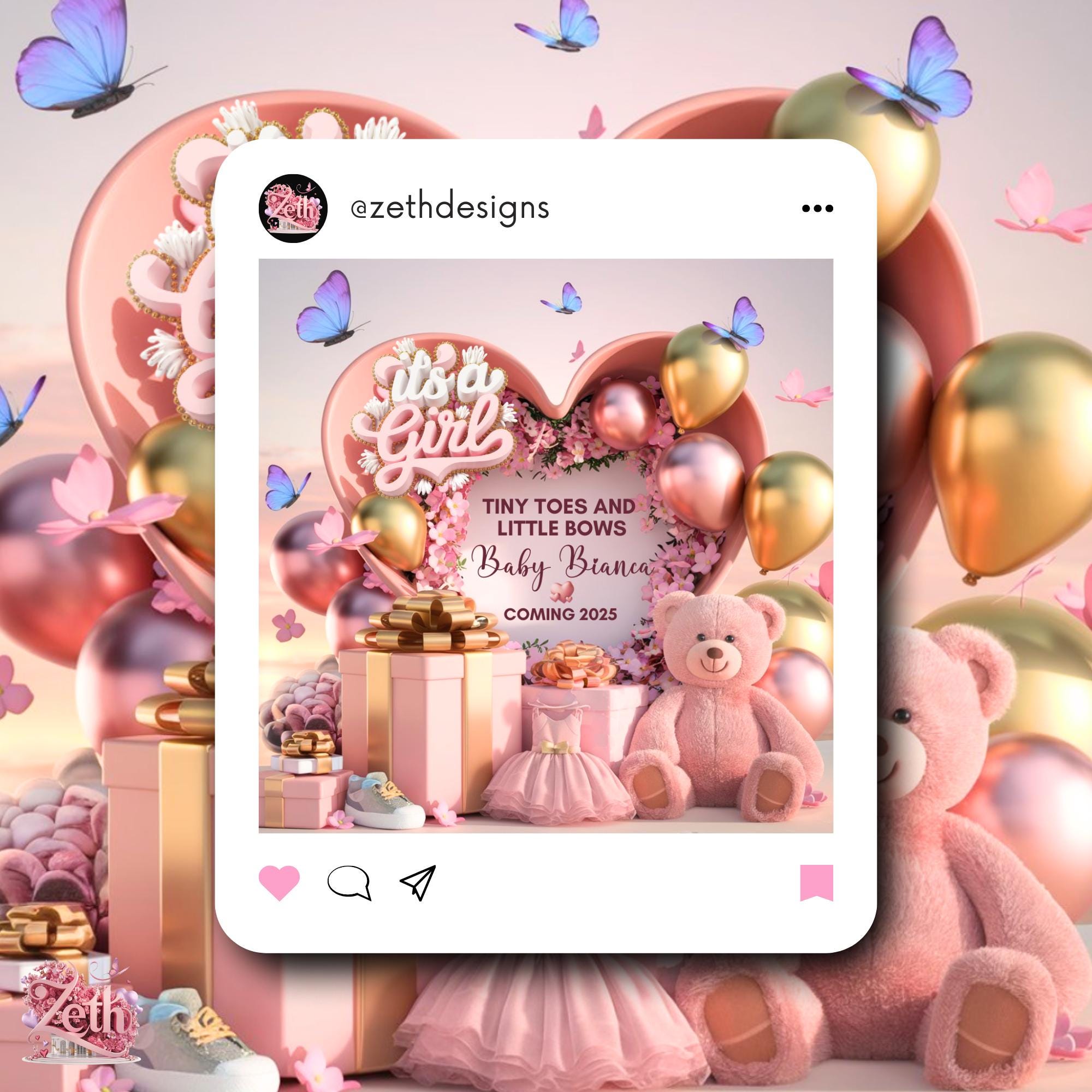 3D Pink It's a Girl Pregnancy Announcement Digital Baby Announcement ...