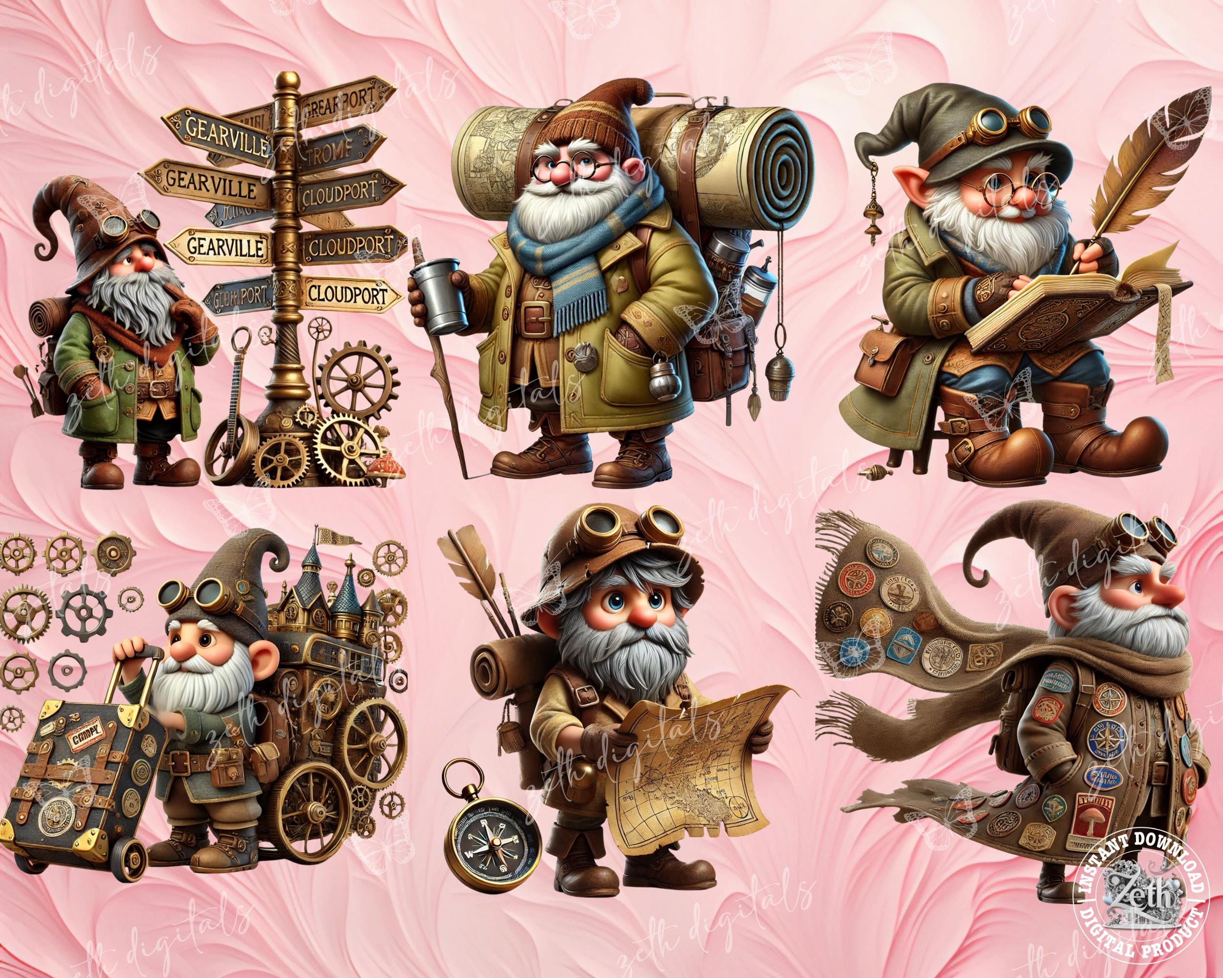 Steampunk Gnome Clipart, Vintage Travel PNG, Compass Clock Art, Rustic Sublimation, Explorer ...